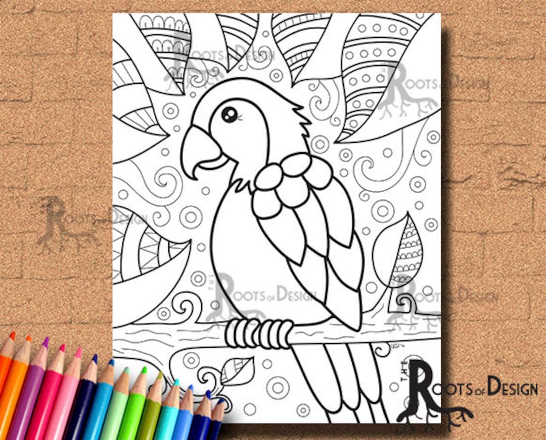 INSTANT DOWNLOAD Coloring Parrot Art Coloring Print, Doodle Art ...