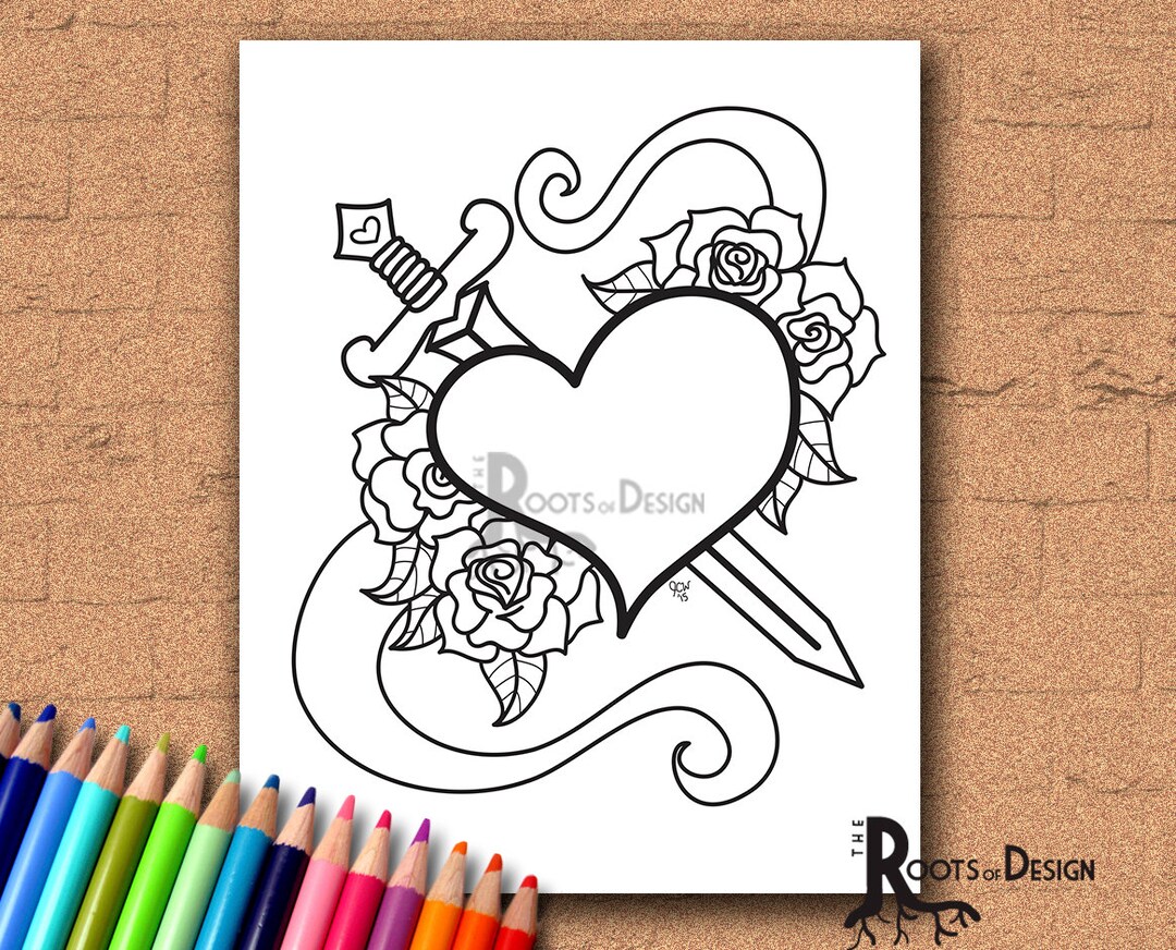 INSTANT DOWNLOAD Coloring Page - Heart With Sword Coloring Print ...