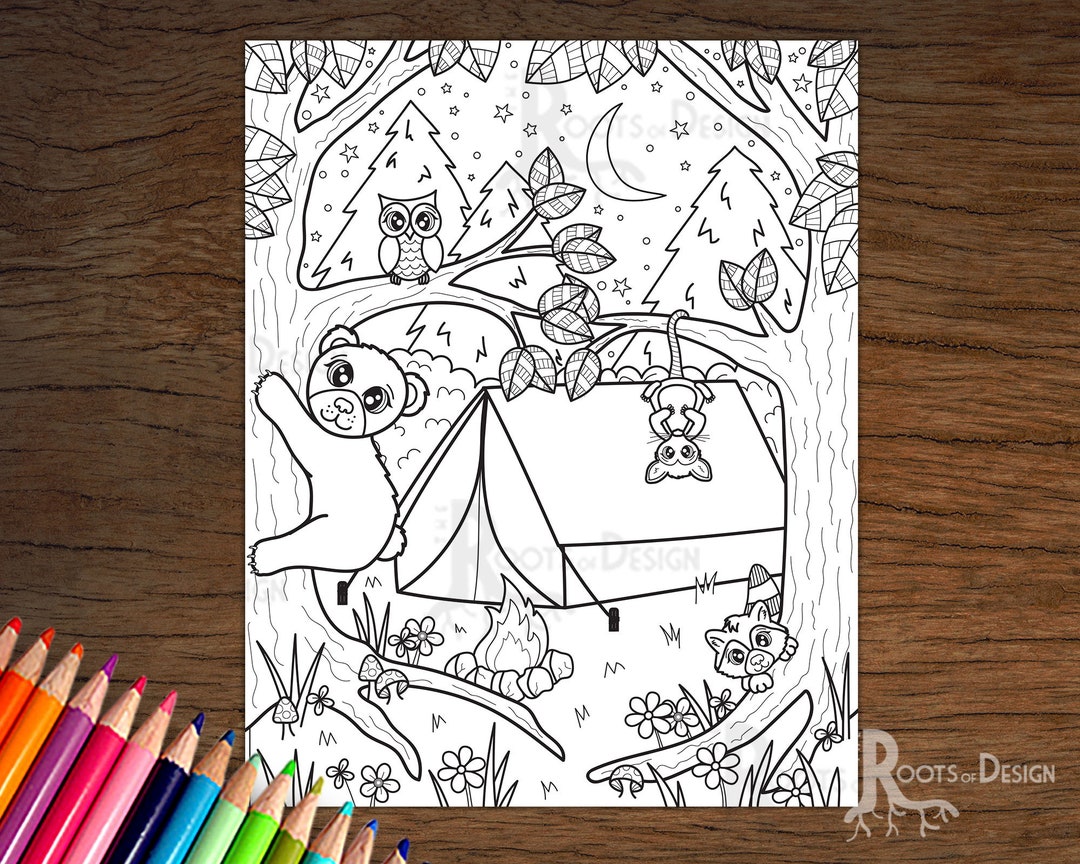 INSTANT DOWNLOAD Coloring Page - Summer Camping With Forest Animals ...