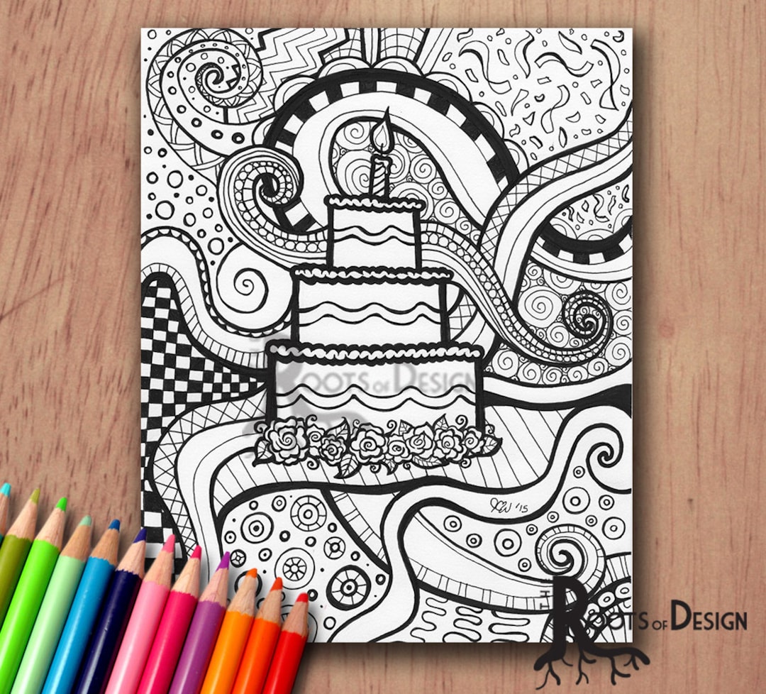 Instant Download- Coloring Page / Art Print Zentangle Inspired Birthday ...