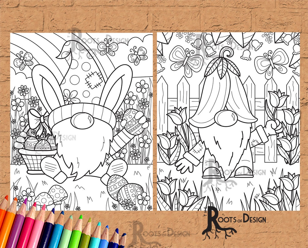 INSTANT DOWNLOAD Coloring Page - Easter Bunny and Flower Gnome Bundle ...