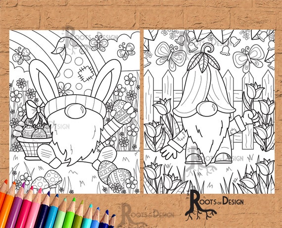 INSTANT DOWNLOAD Coloring Page Easter Bunny and Flower Gnome - Etsy