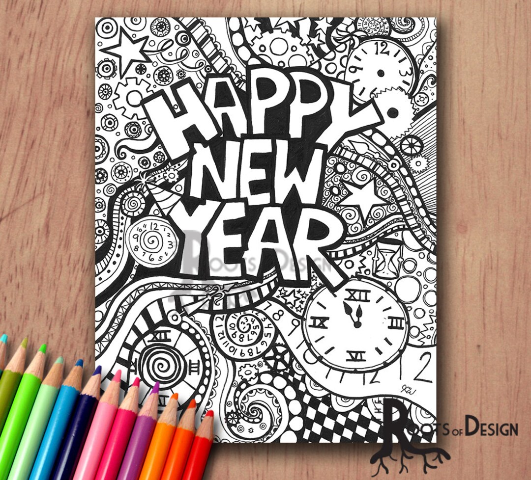 INSTANT DOWNLOAD Coloring Page - Happy New Year Art Print Zentangle ...