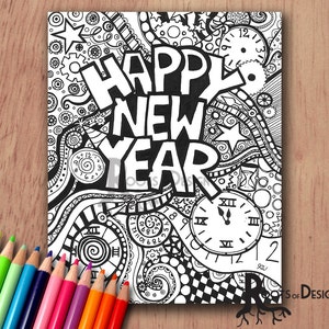 INSTANT DOWNLOAD Coloring Page - Happy New Year Art Print Zentangle ...