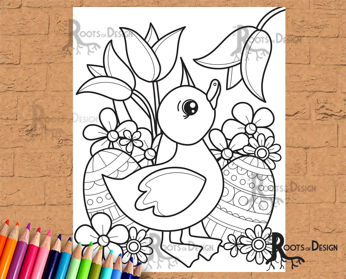 INSTANT DOWNLOAD Coloring Page Cute Easter Duck Doodle Art | Etsy