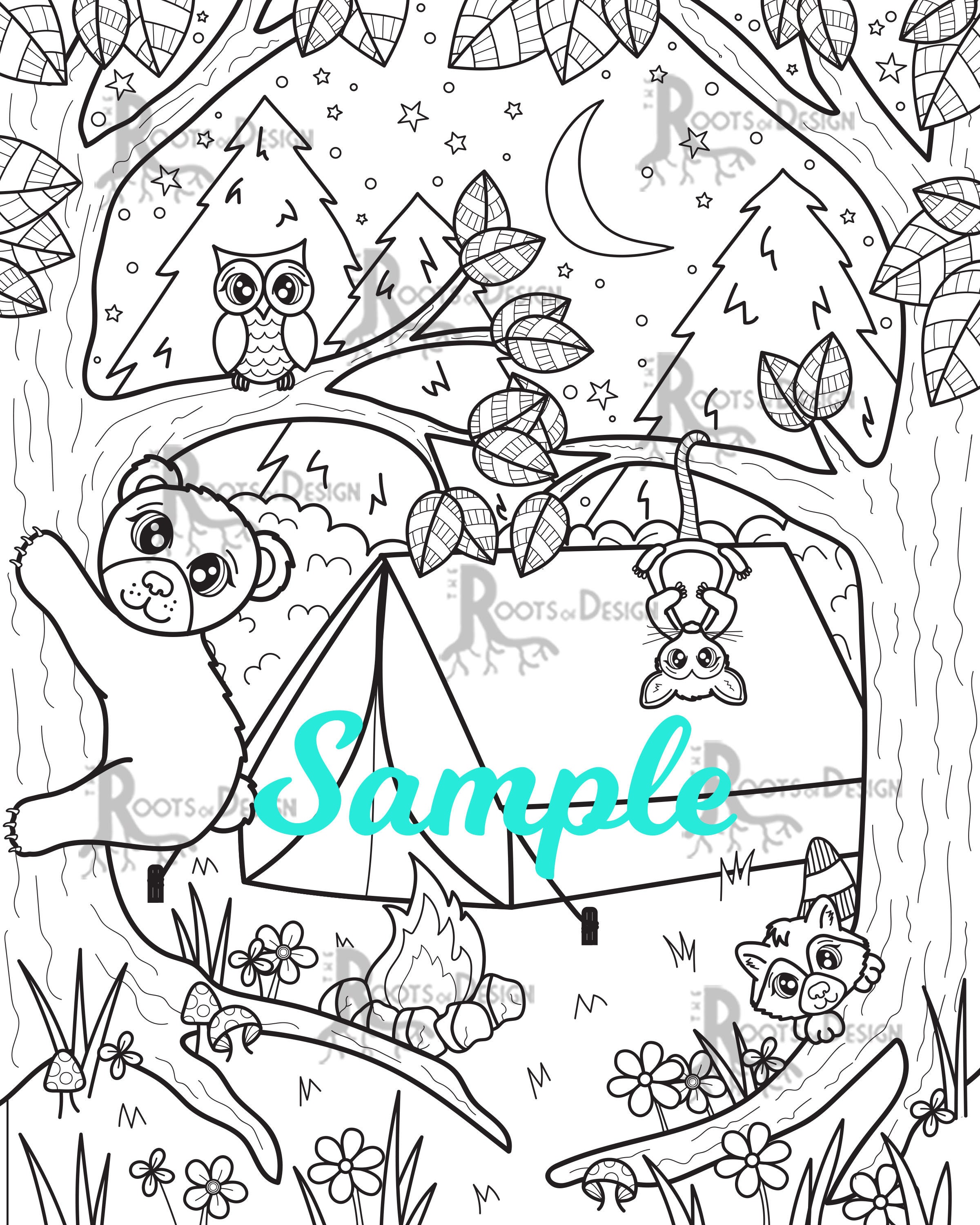 INSTANT DOWNLOAD Coloring Page - Summer Camping With Forest Animals ...