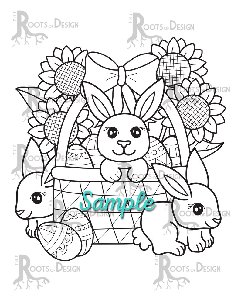 INSTANT DOWNLOAD Coloring Page Cute Easter Bunnies in Basket | Etsy