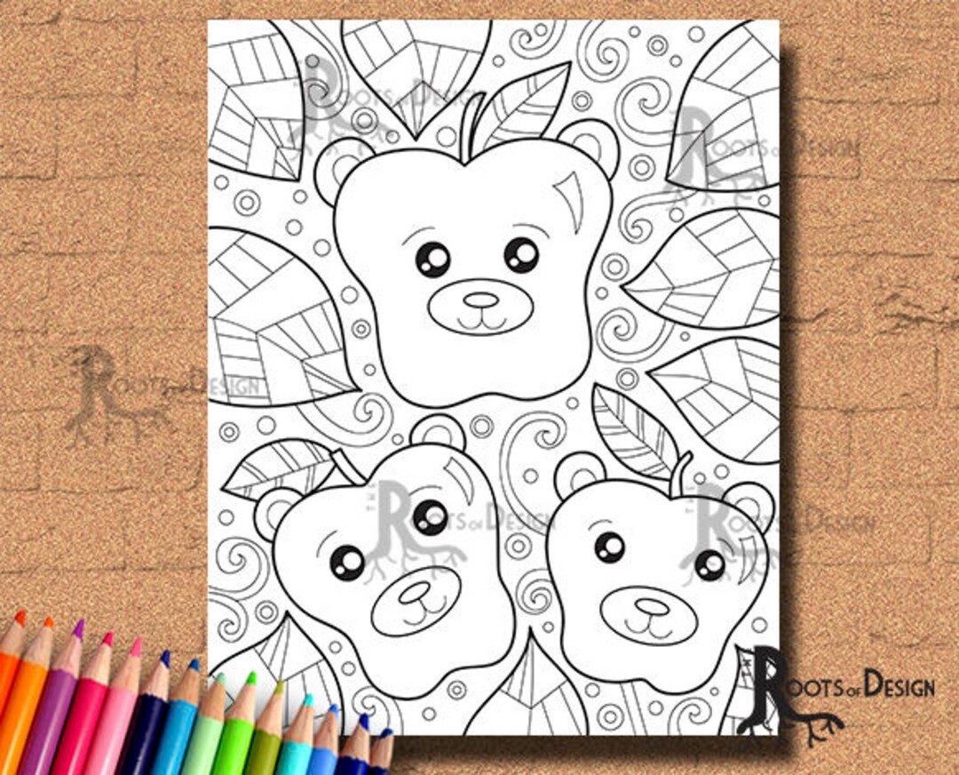 INSTANT DOWNLOAD Coloring Page - Bear Apples (bearpples) Print, Doodle ...