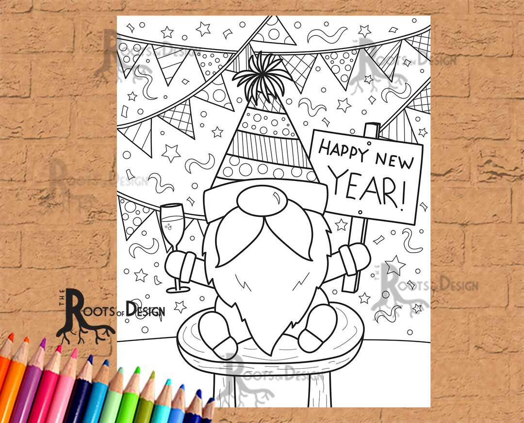 INSTANT DOWNLOAD Cute Happy New Year Gnome Page Print, Doodle Art ...