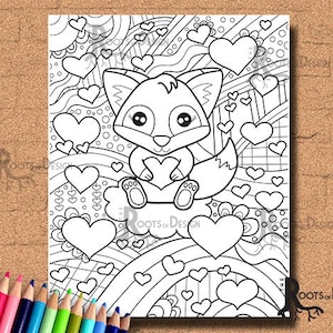 INSTANT DOWNLOAD Coloring Page - Fox With Hearts Valentine Art Print ...