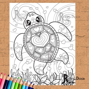 INSTANT DOWNLOAD Coloring Page - Valentine Sea Turtle, Heart Print ...