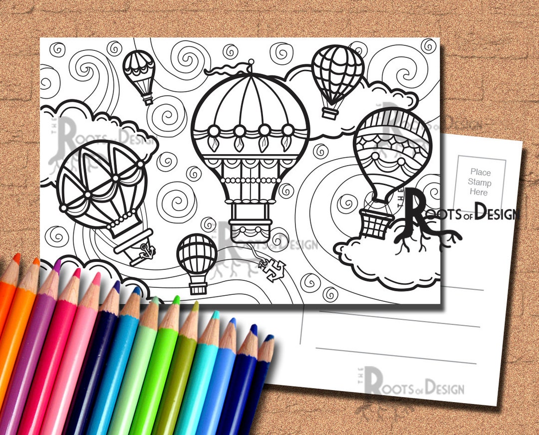 INSTANT DOWNLOAD Coloring Postcard Page - Hot Air Balloons Color Your ...