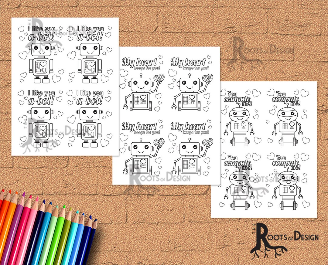 Instant Download- Cute Robot Valentine Card Bundle for Coloring, Great ...