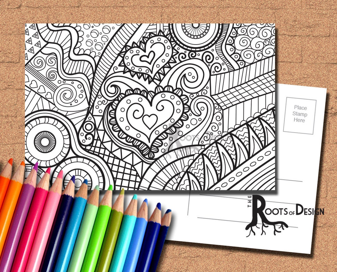 INSTANT DOWNLOAD Coloring Postcard Page - Heart Zendoodle Color Your ...