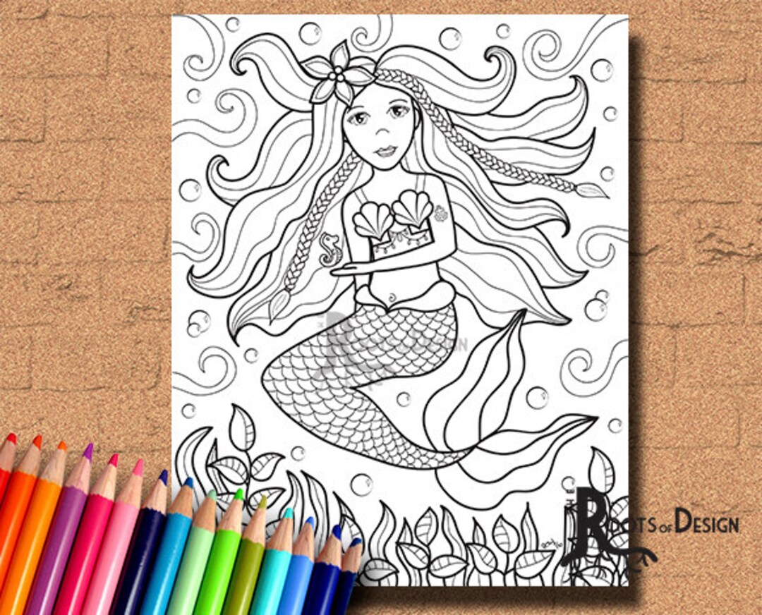 INSTANT DOWNLOAD Coloring Page Mermaid Art Coloring Print, Doodle Art ...