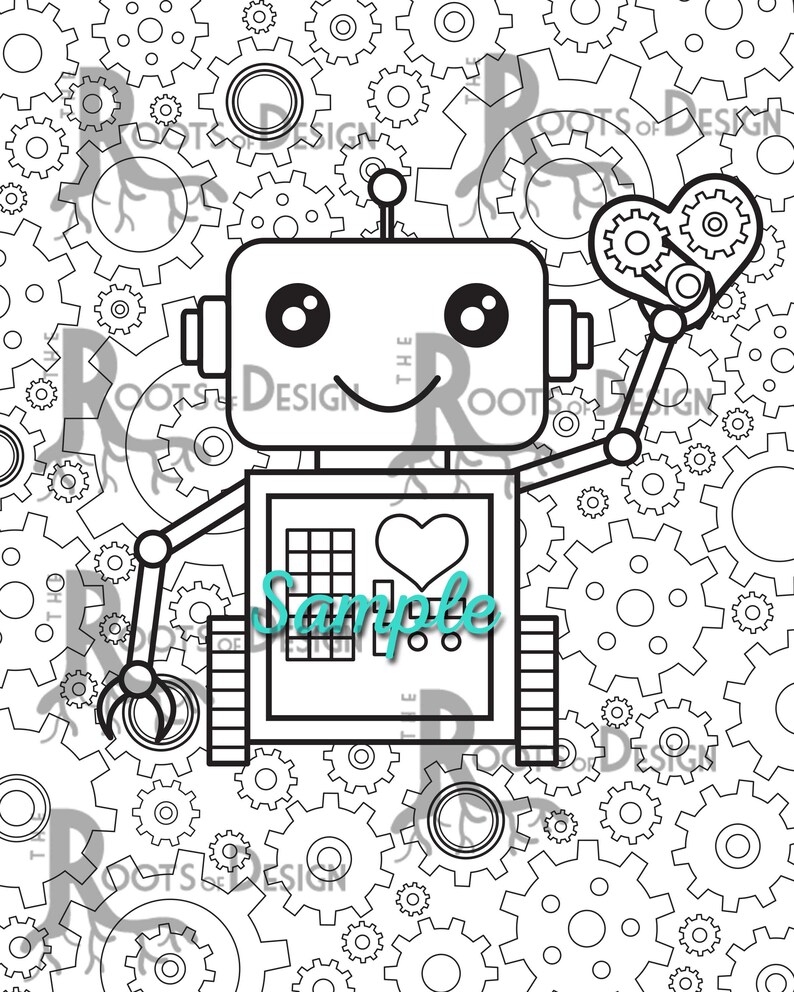 INSTANT DOWNLOAD Coloring Page - Robot With Gears 2, Doodle Art, Gamer ...