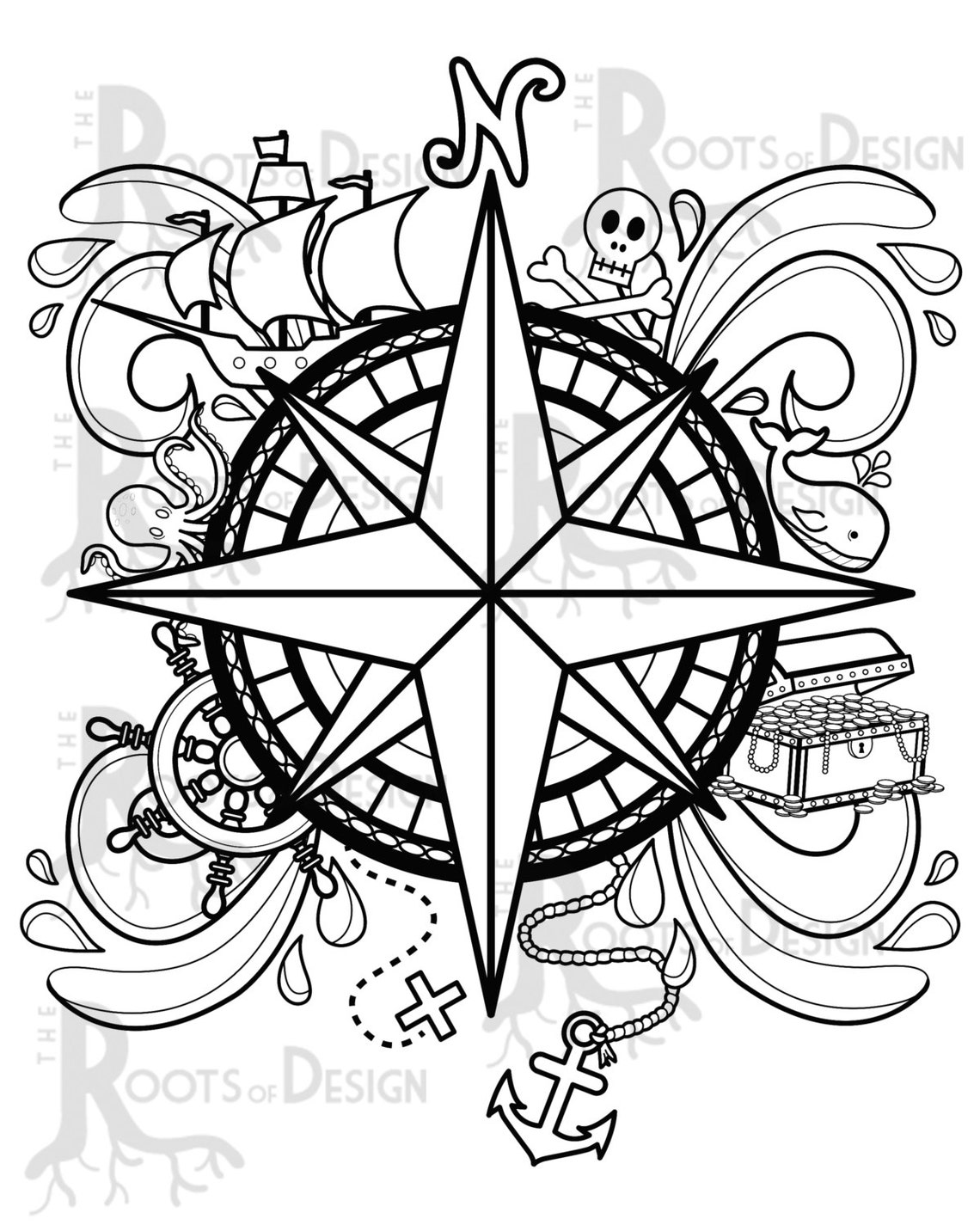 INSTANT DOWNLOAD Coloring Page pirate Compass Design Doodle | Etsy