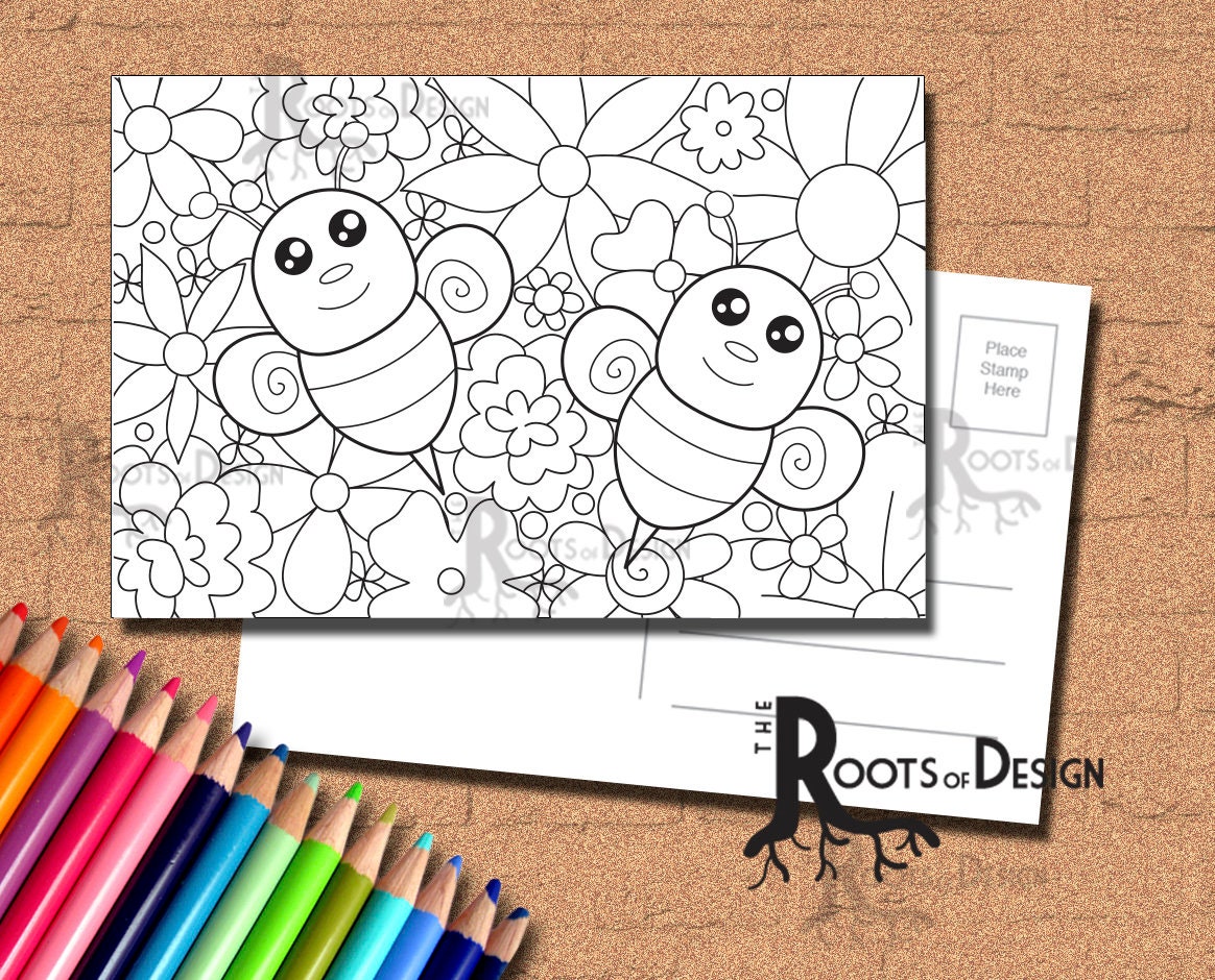 INSTANT DOWNLOAD Coloring Postcard Page - Cute Bees Color Your Own Fun ...