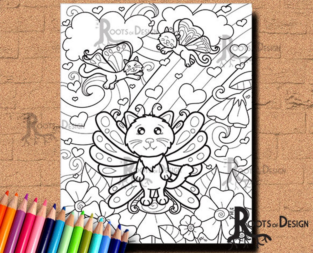INSTANT DOWNLOAD Coloring Page Butterfly Uni-cat Art Coloring Print ...
