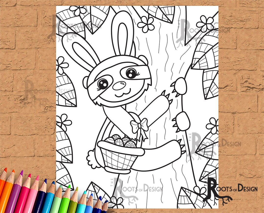 INSTANT DOWNLOAD Coloring Page - Cute Easter Sloth Doodle Art ...