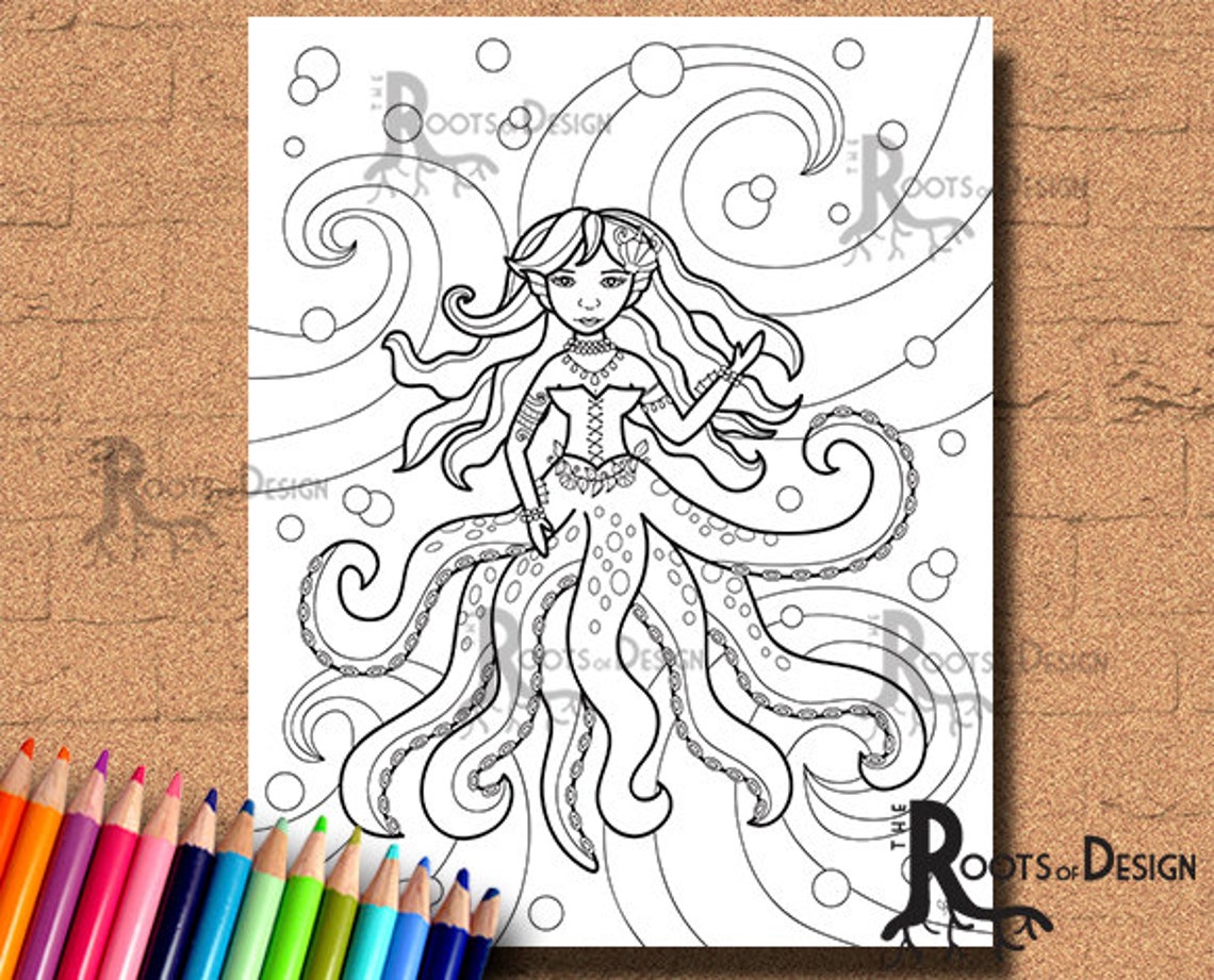 INSTANT DOWNLOAD Coloring Page Octopus Lady Print doodle | Etsy