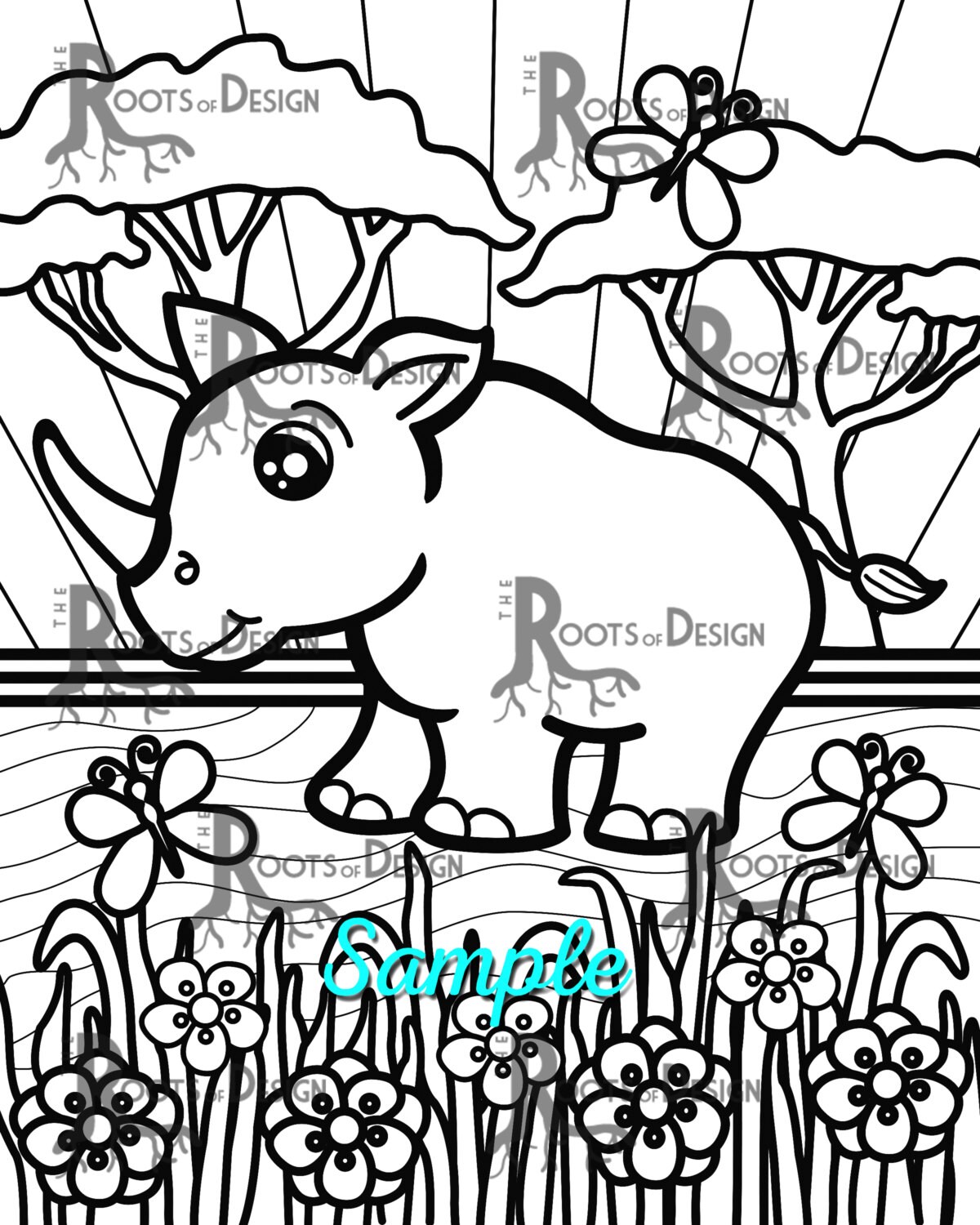 INSTANT DOWNLOAD Coloring Page - Cute Rhino Coloring Print, Doodle Art ...