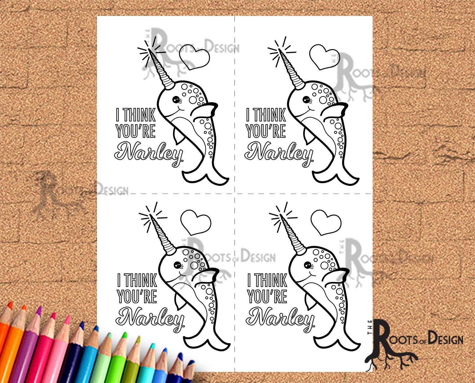 Instant Download- Cute Narwhal Valentine Card for Coloring, Great for ...