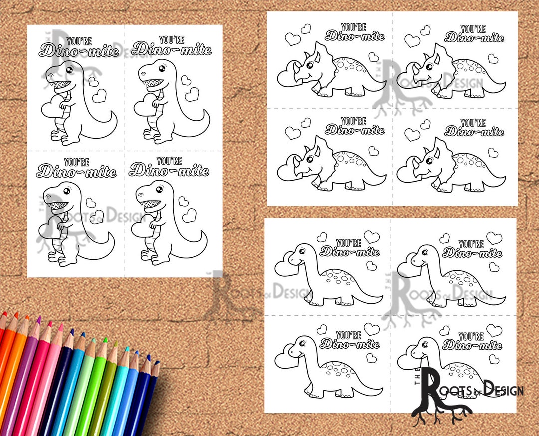 Instant Download- Cute Dinosaur Valentine Card Bundle for Coloring ...