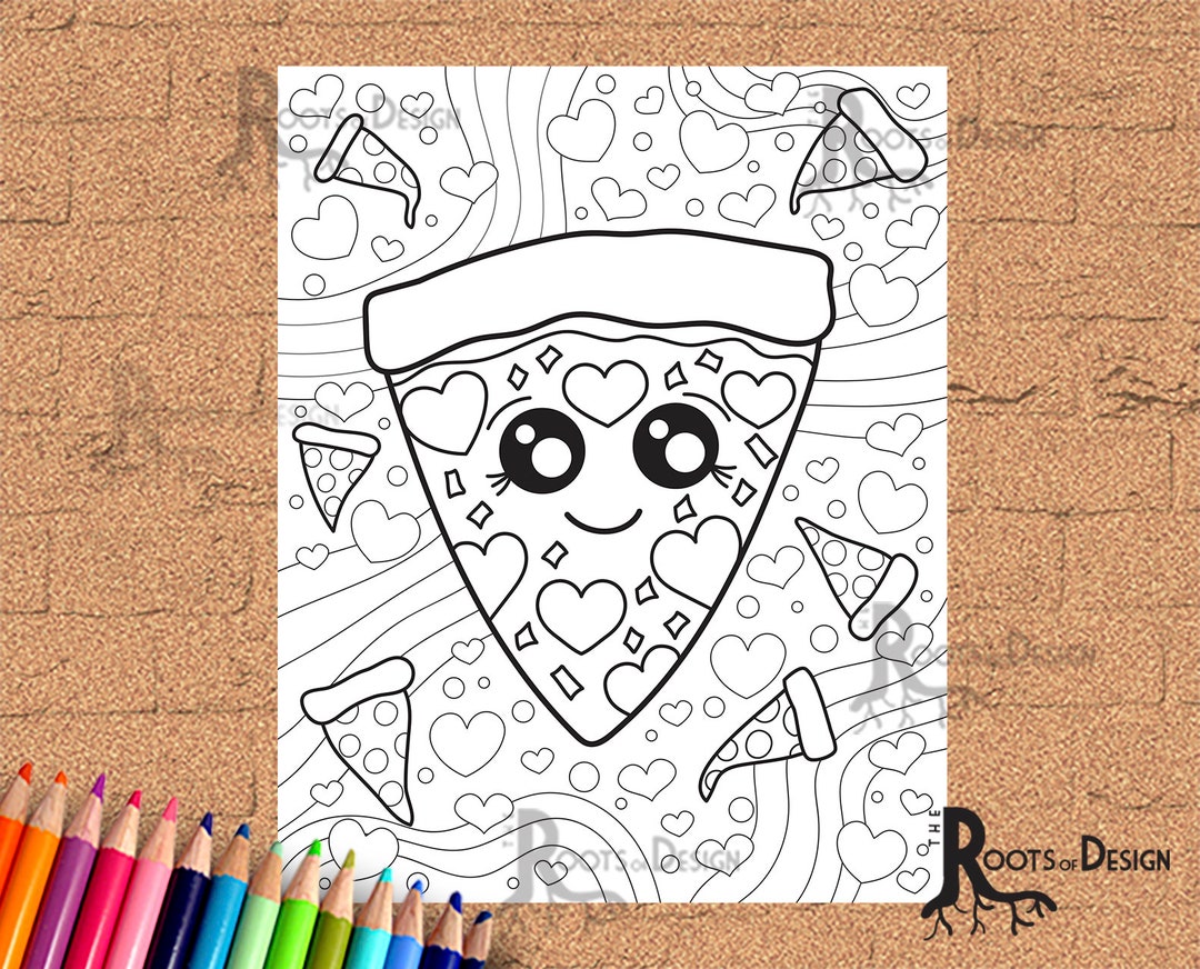 INSTANT DOWNLOAD Coloring Cute Pizza With Heart Pepperoni Coloring Page ...