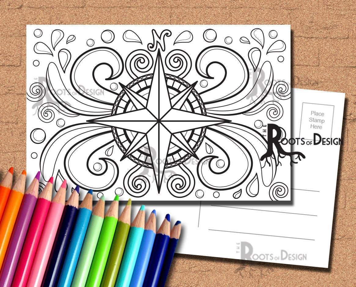 INSTANT DOWNLOAD Coloring Postcard Page Compass Color your | Etsy