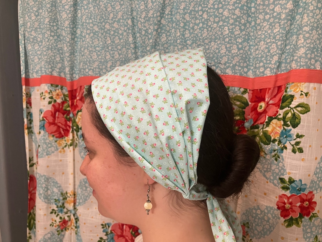 Large Blue and Pink Rosebuds Shabby Chic 100% Cotton Headcovering ...