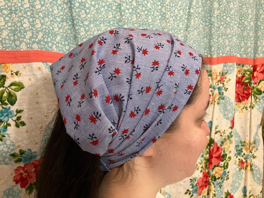 Large Blue With Red Flowers 100% Cotton Headcovering Headscarf With ...