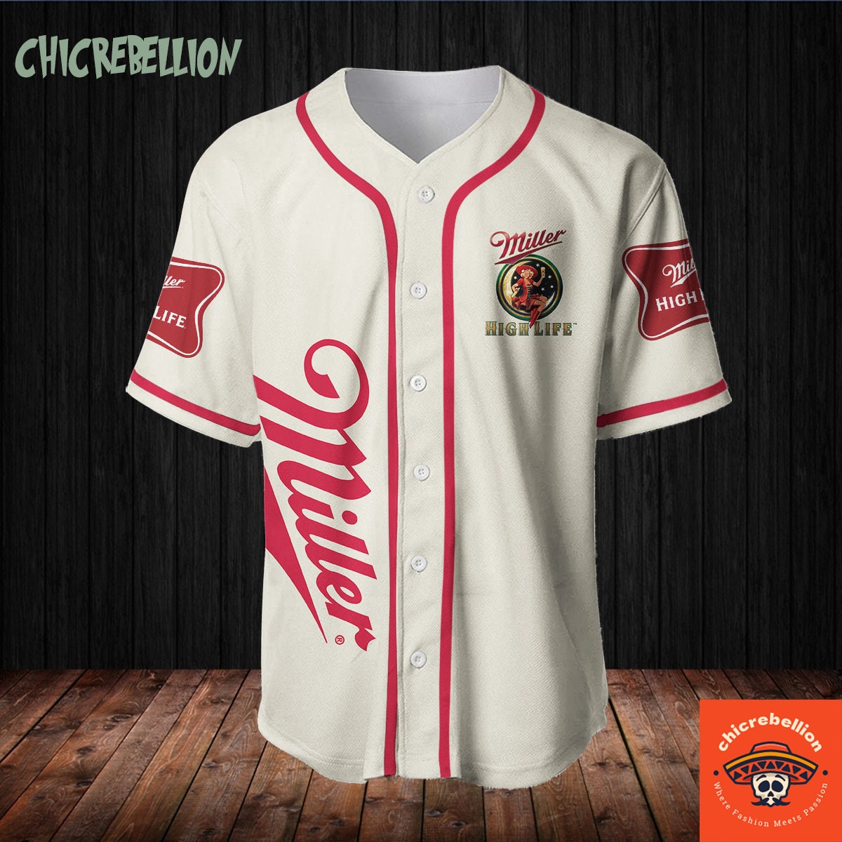 Beige Miller High Life Baseball Jersey, Miller Jersey Shirt, High Life ...