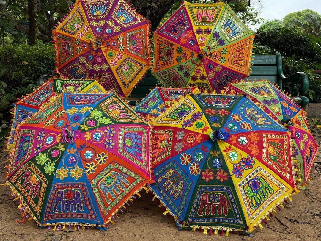 Handmade Indian Elephant Cotton Parasol: Floral Embroidered Wedding ...