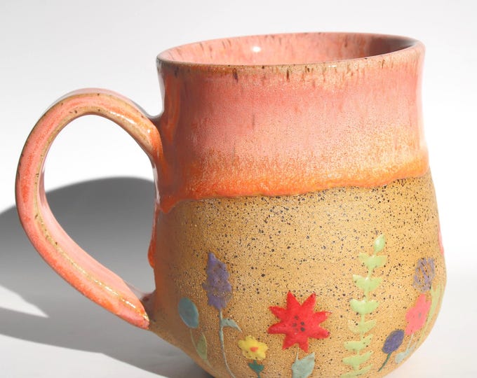 Speckled Stoneware Mug, Hand Painted Spring Flowers, Peachy Pink Glazed ...
