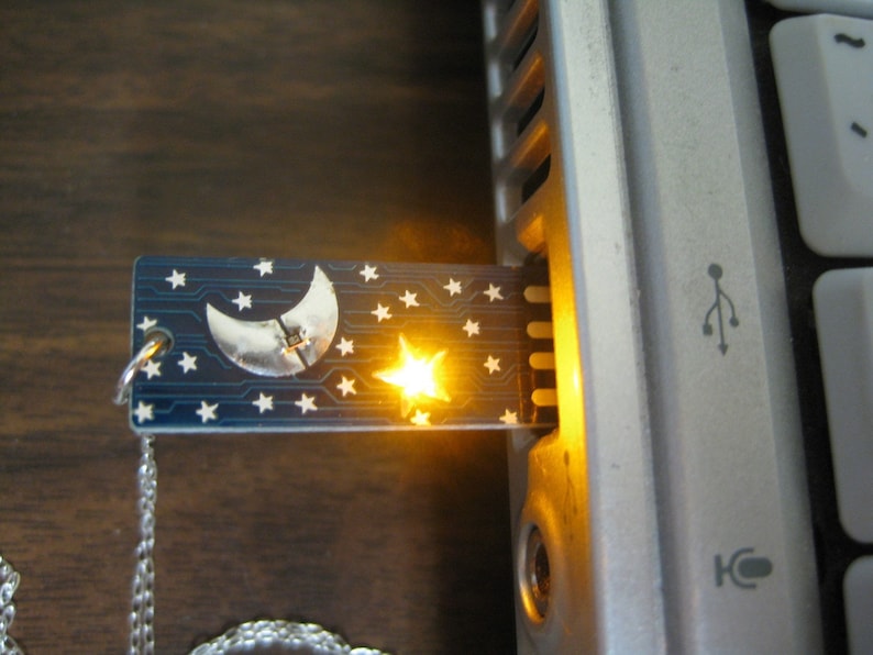 Moon and Stars USB Circuit Board With Silver Necklace (blue) - Lights ...