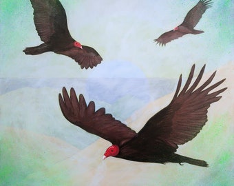Two Hawks in Flight Original Acrylic Painting Watering Dry Desert ...