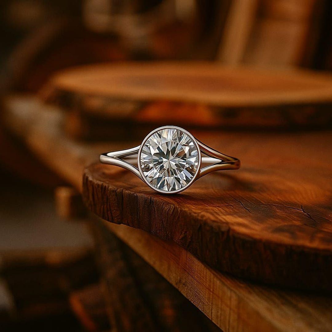 Round Moissanite Engagement Ring Split Shank Solitaire Silver ...