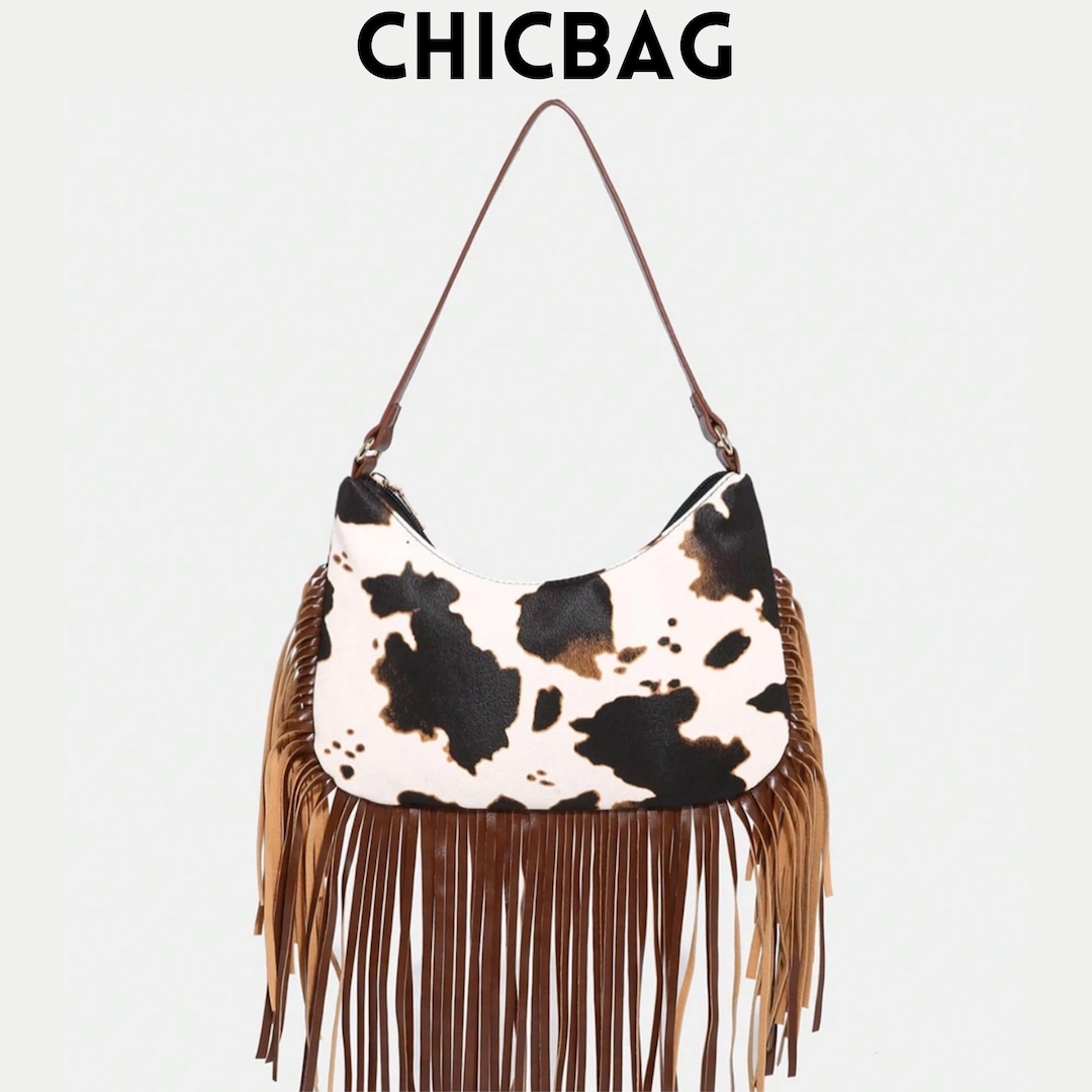 Boho Cow Print Fringe Shoulder Bag – Retro Western Style Hobo Purse for ...