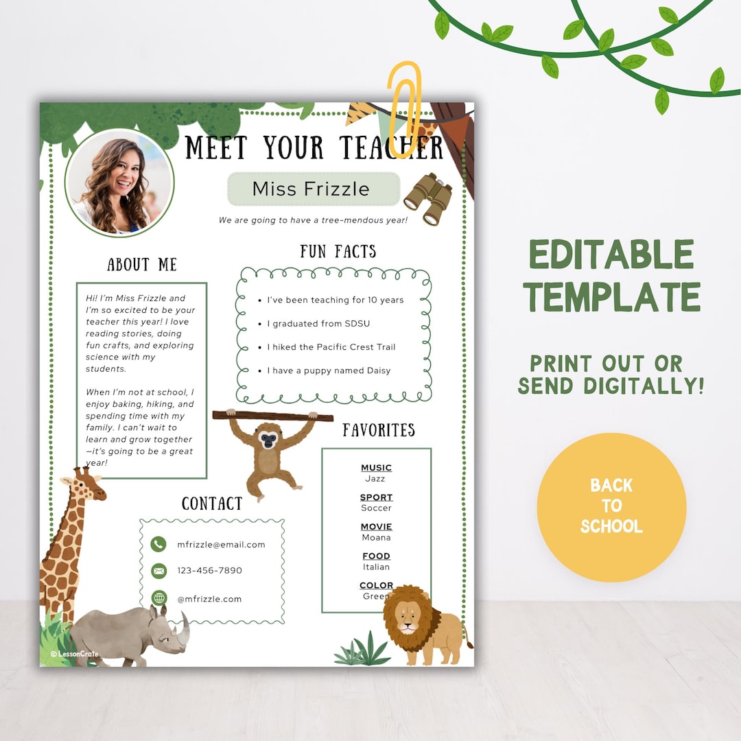 Jungle Theme Meet the Teacher Template: Back to School Printable ...