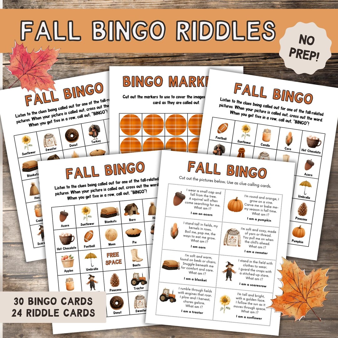 Fall Bingo Game Printable, 30 Fall Bingo Cards, Fall Riddles ...