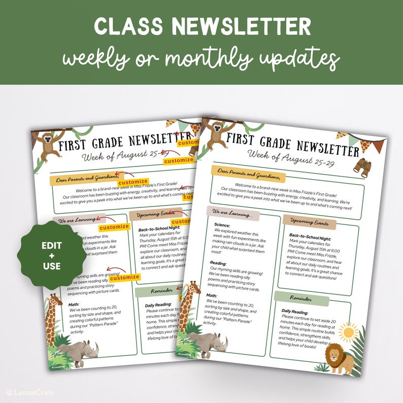 Jungle Classroom Newsletter Template: Editable Parent Update (digital ...