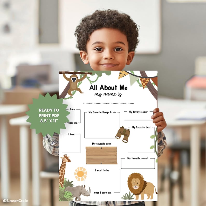 Jungle Animals All About Me Activity: Back to School Worksheet (PDF ...