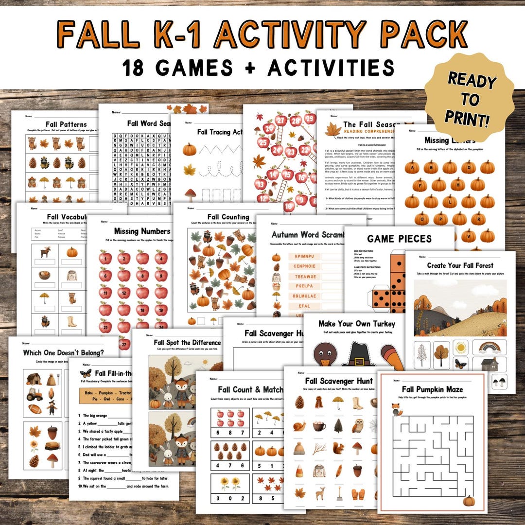 Fall Activity Bundle: Kindergarten Printable Activities With Games ...