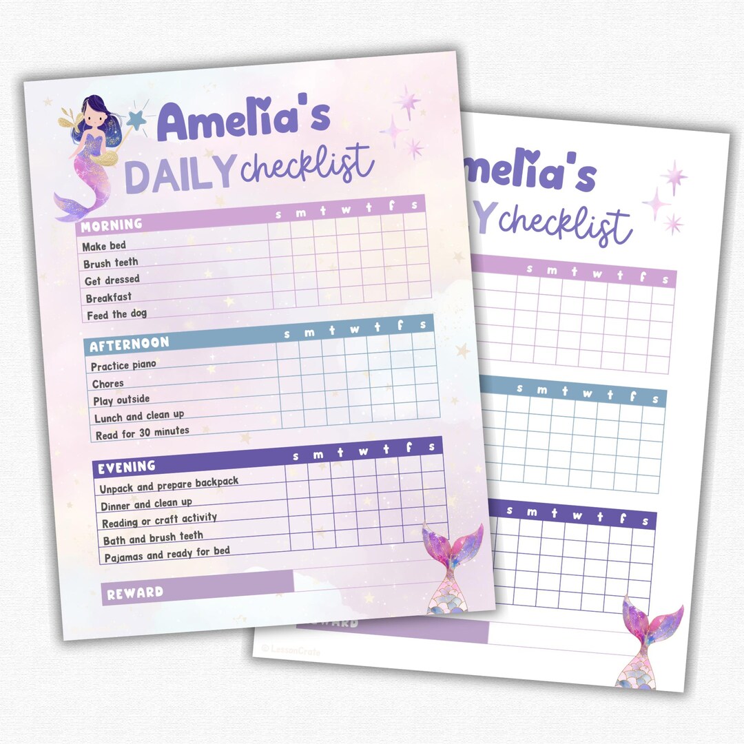 Mermaid Daily Checklist: Editable Chore Chart, Homeschool Planner ...