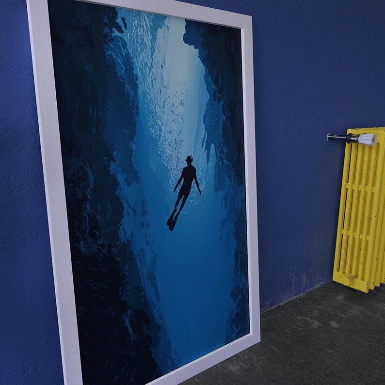 Freediver Deep Sea Cave Wall Art, Underwater Freediving Poster ...