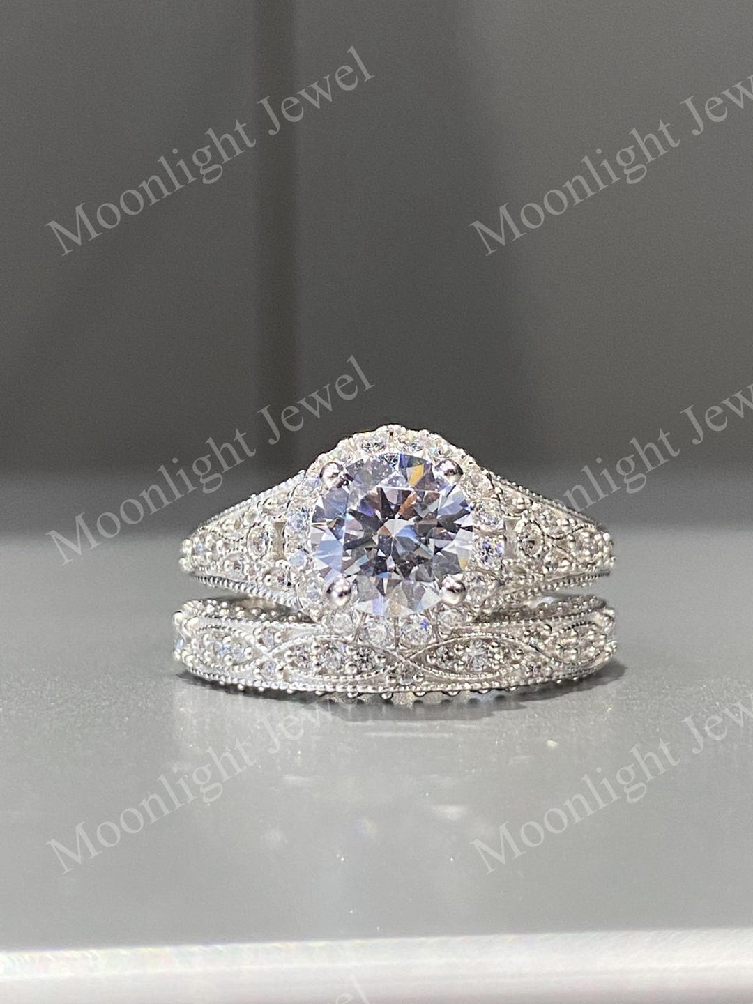 Brilliance Round Cut Moissanite Engagement Ring Set, 925 Silver Ring ...