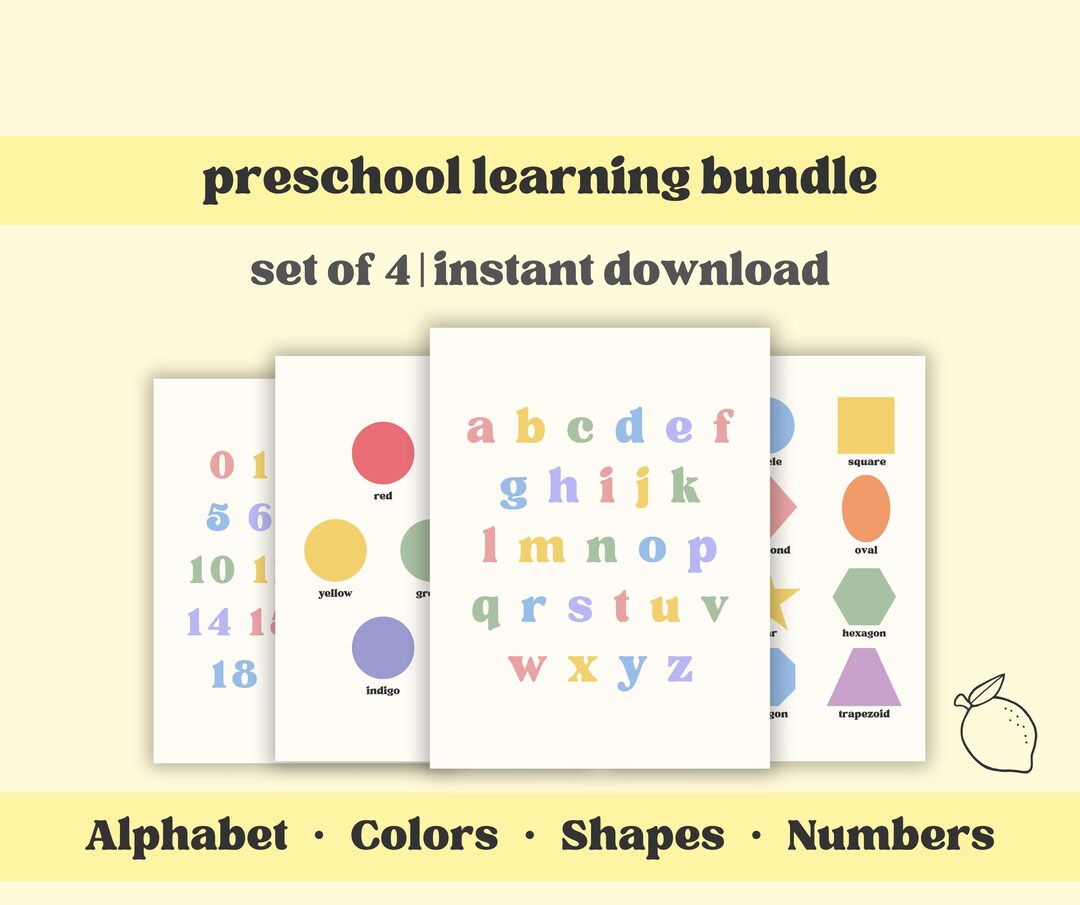 Preschool Learning Prints Set of 4 | Alphabet Colors Shapes Numbers ...