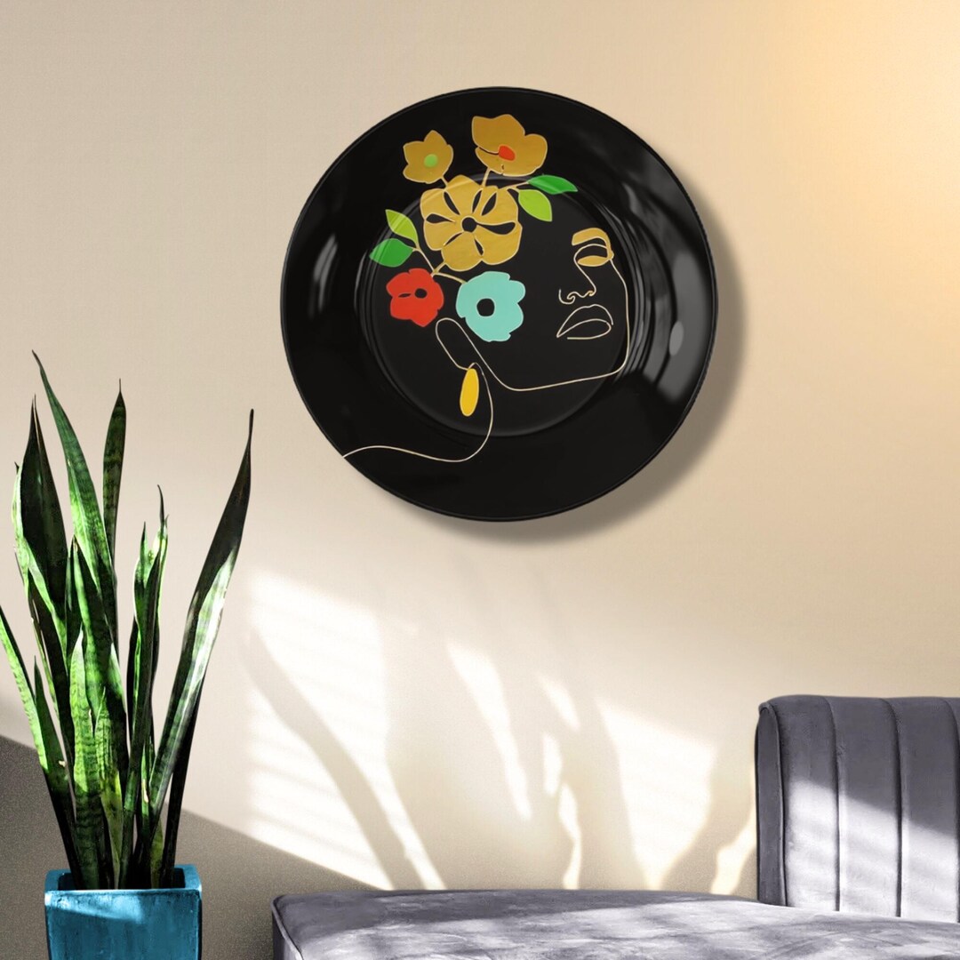 Modern Face Line Art Ceramic Plate | Black Abstract Floral Wall Art ...