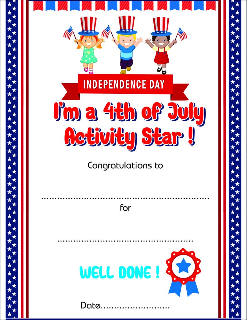4th of July Kids Printable Kit + Certificate | Fun Holiday Games ...